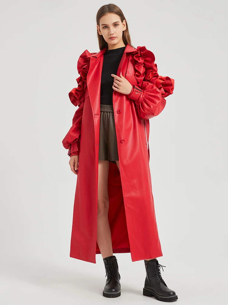 Lautaro Spring Autumn Long Ruffled Soft Pu Leather Trench Coat for ...