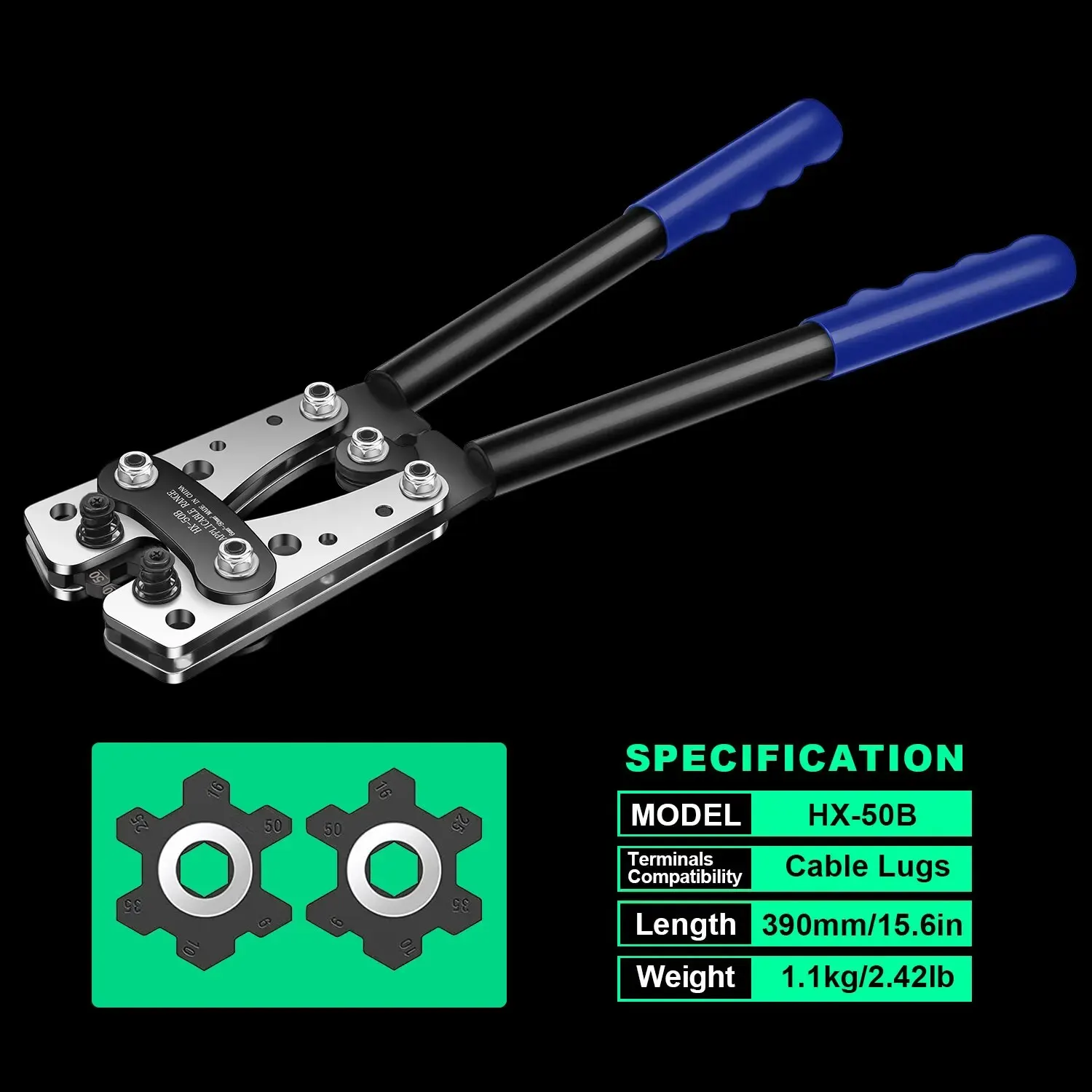 HX-50B 6-50mm² Battery Cable Lug Crimping Tool For AWG 10-1/0 Heavy Duty Wire Lug Tube Terminal ...