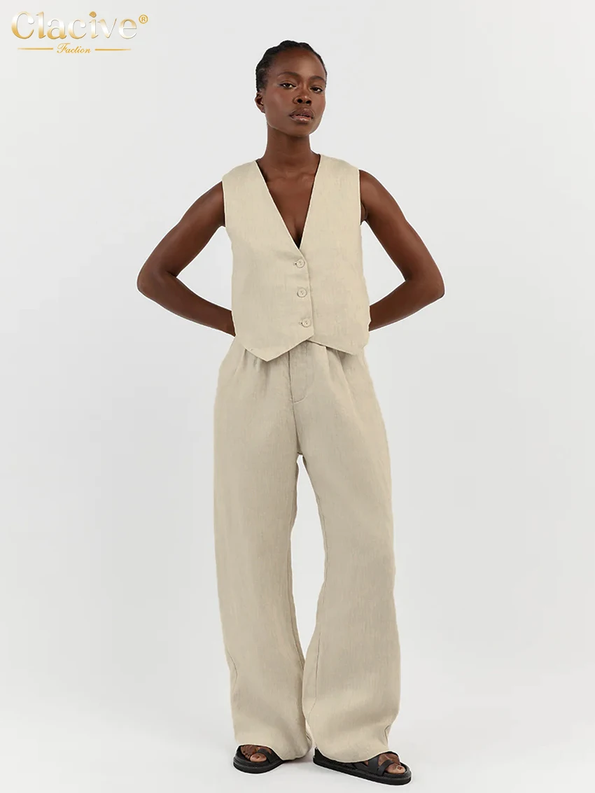Clacive Summer White Linen Two Piece Set For Women 2024 Fashion ...