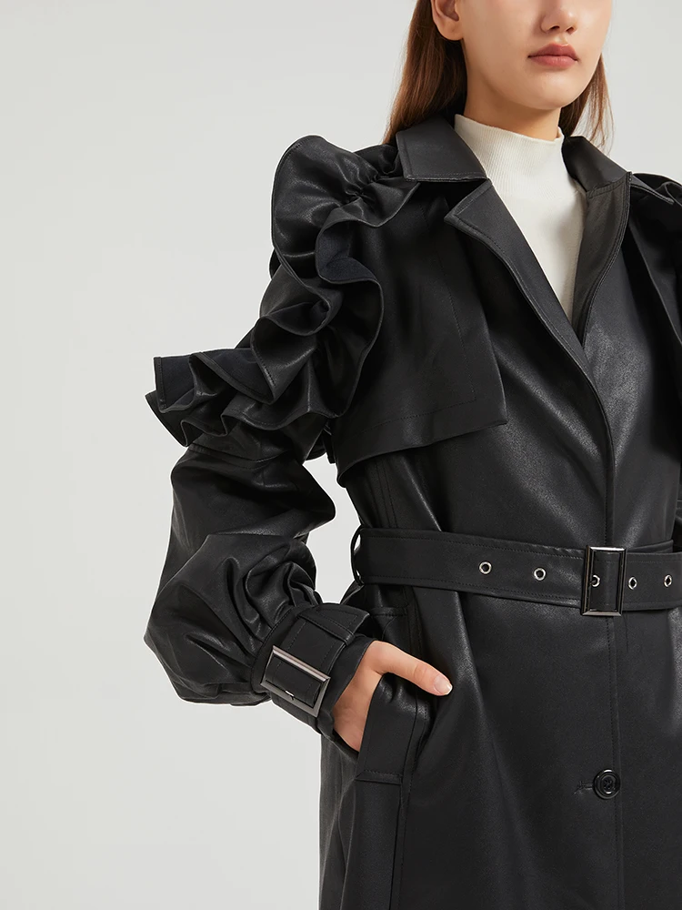 Lautaro Spring Autumn Long Ruffled Soft Pu Leather Trench Coat for ...
