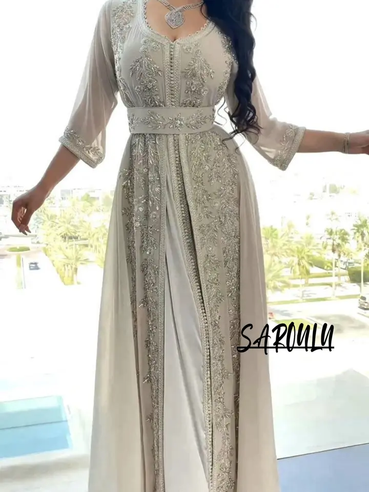 Stunning Arab Chiffon Prom Dress O-Neck Wedding Guest A-Line Bridal Caftan