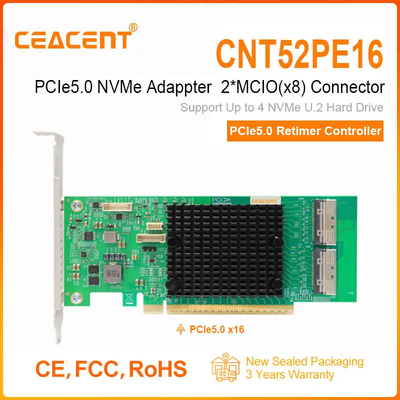 Ceacent Cnt52Pe16 Pcie5.0 Retimer Nvme Adapter, X8 Mpci Connectors, Ssd Accelerator