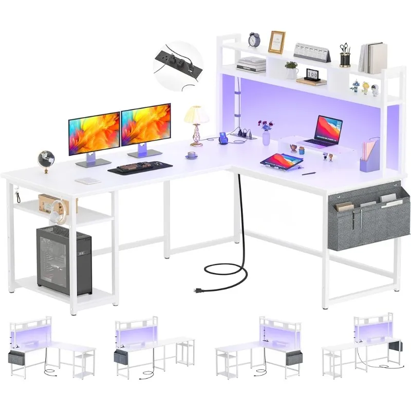 Aheaplus L Shaped Desk with Power Outlet & LED Strip, Reversible L ...