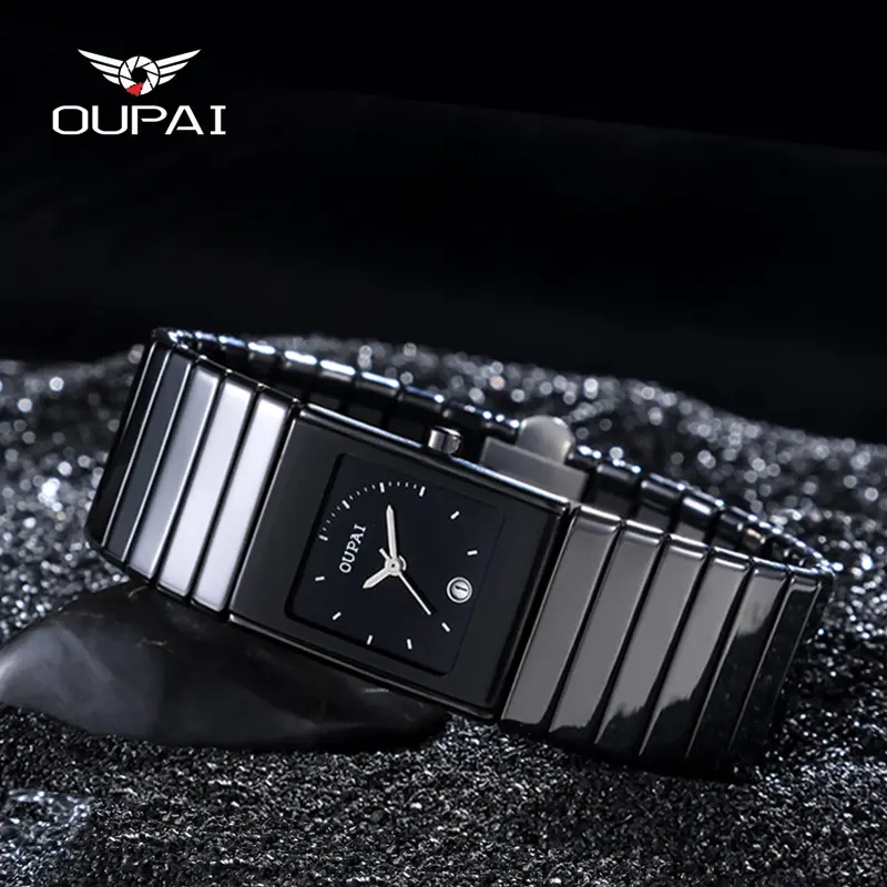 Oupai 24Mm Black Ceramic Men'S Square Watch, Quartz, Waterproof, Casual ...