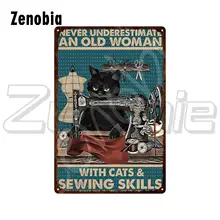 Black Cat Metal Sign Cat On Sewing Machine Funny Vintage Tin Sign Plate ...