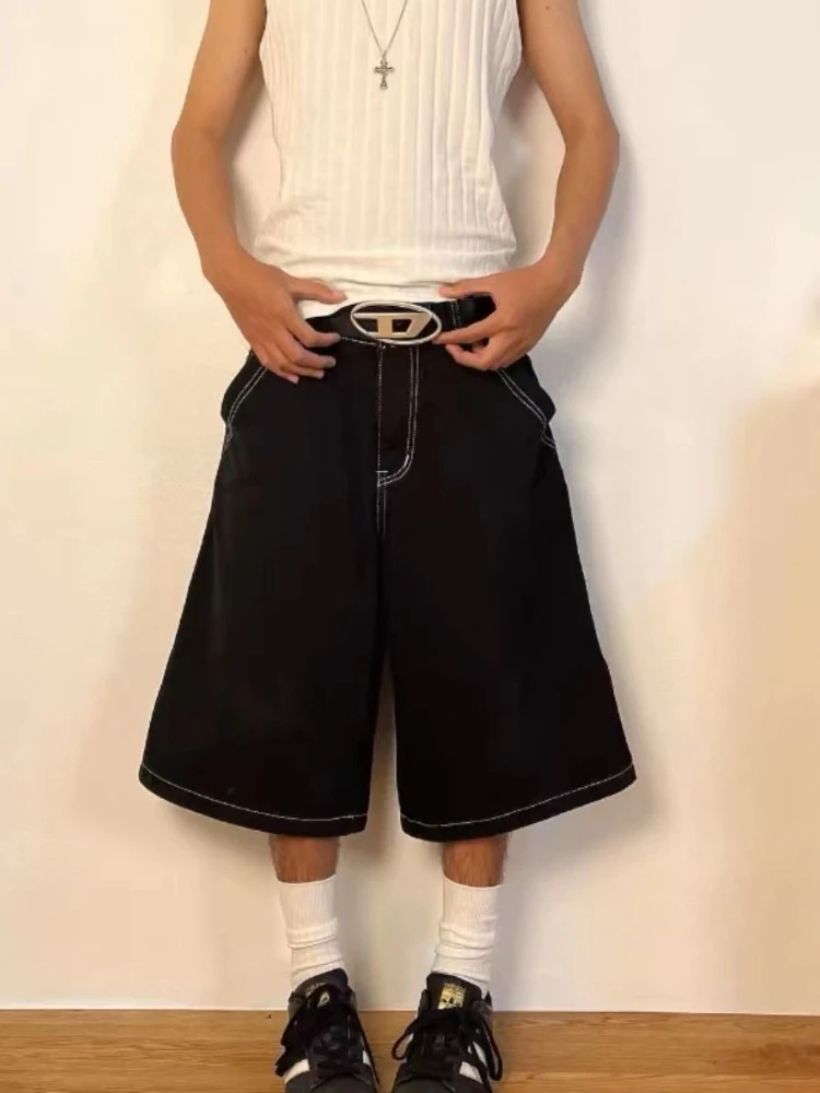 Vintage Y2K Black Jorts With Embroidery For Women | Houzhou Jeans