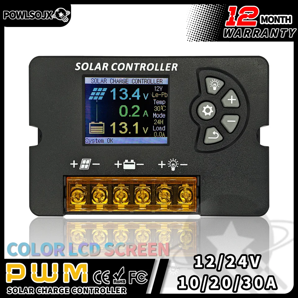 Adjustable 12V/24V Solar Charge Controller With Lcd, 10A-30A
