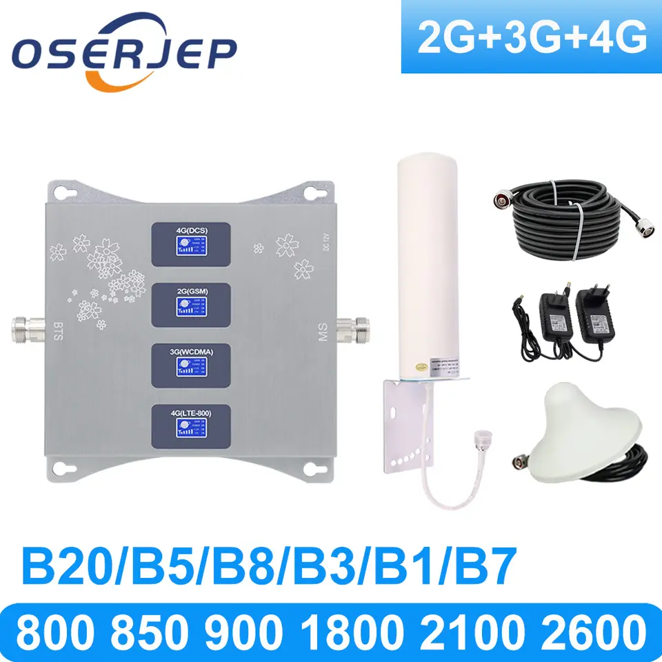 Oserjep 4-Band Cellular Repeater 800-2600Mhz, 2G/3G/4G Network Booster + Antenna