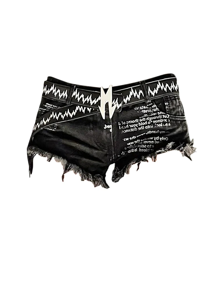 Women Black Goth Denim Shorts Vintage Y2k Streetwear Harajuku Print ...