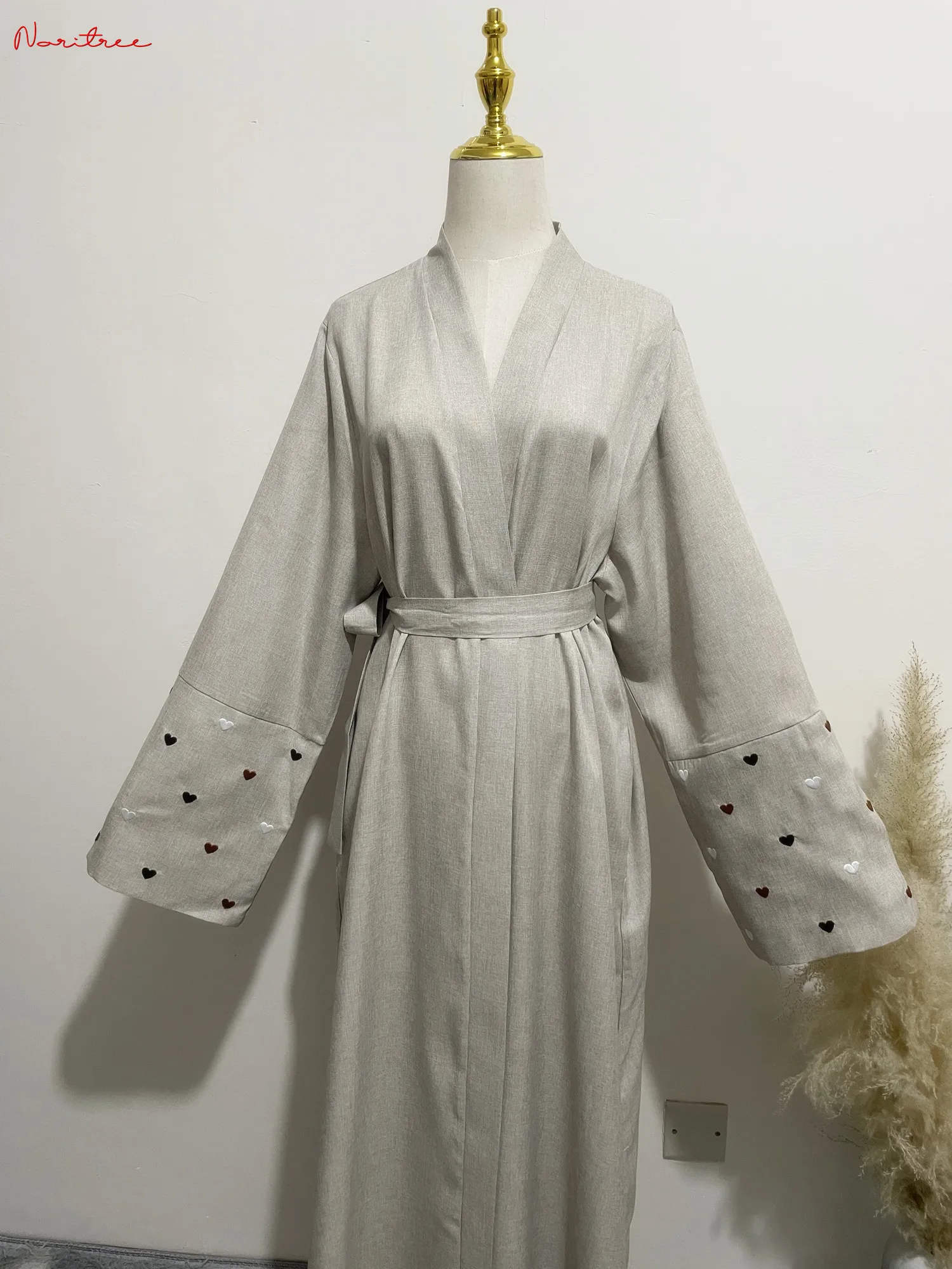 Love Embroidery Kimono With Belt Oversized Muslim Robe abaya syari ...