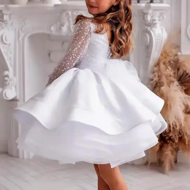 Elegant Fluffy White Princess Dress For Flower Girls On Special Occasions.
