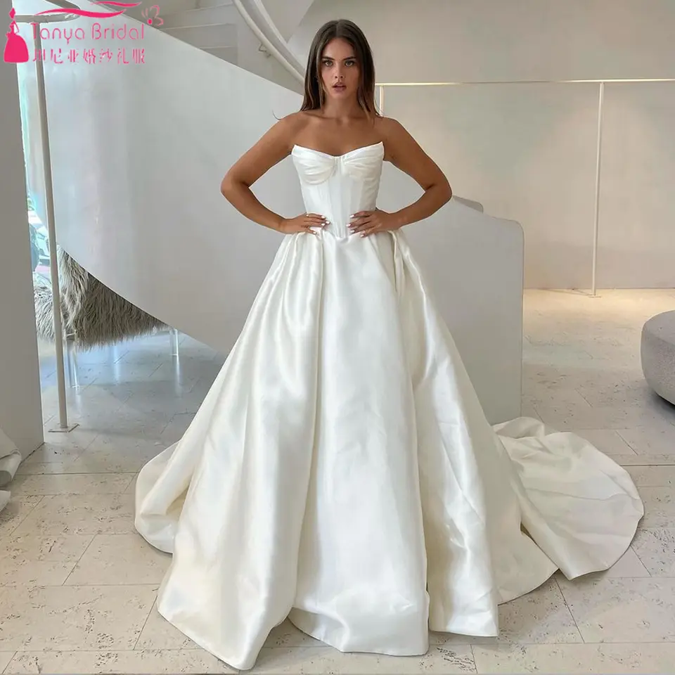 Elegant Mikado Satin Wedding Dress With High Side Split, Custom Bridal ...