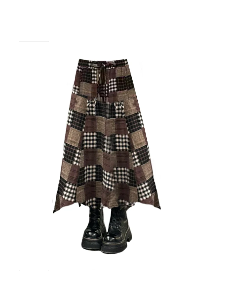 Women's Khaki Y2k Plaid Skirt Elegant Harajuku Long Skirts Streetwear ...