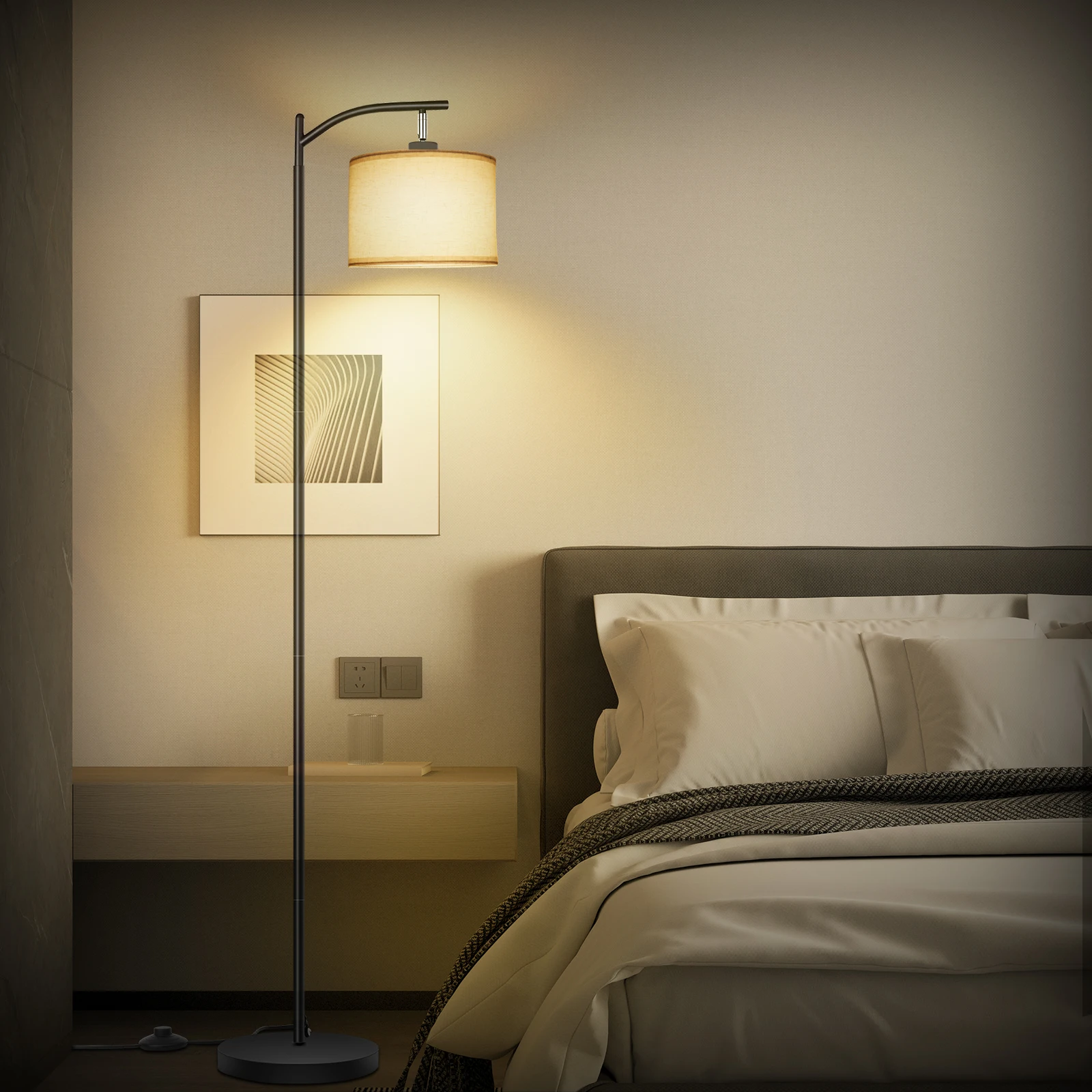 Floor Lamp 170cm Arc Standing Lamp Linen Shade E27 12W 3000K LED Bulb ...