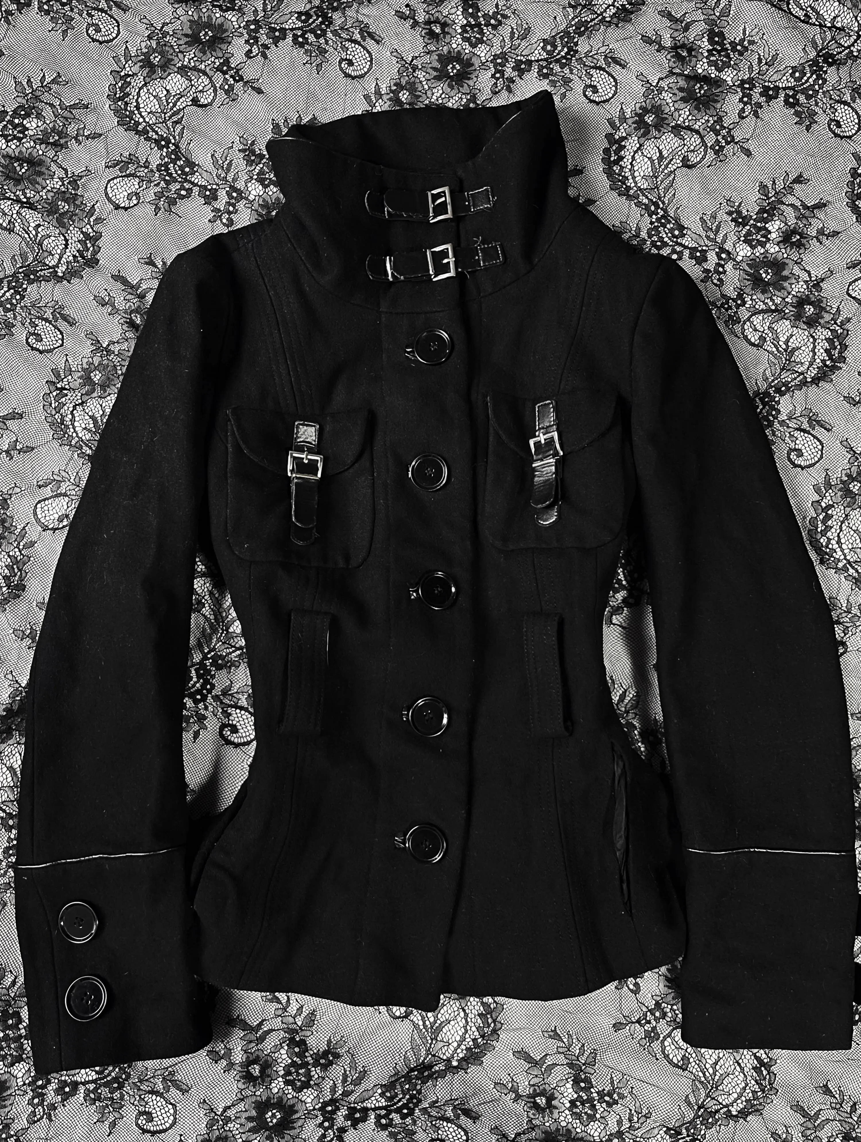 Women Gothic Punk Stand Up Collar Single Breasted Jacket Retro Slim Fit ...