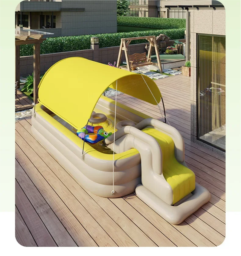 Portable Inflatable Pool With Rain Canopy For Outdoor Fun.