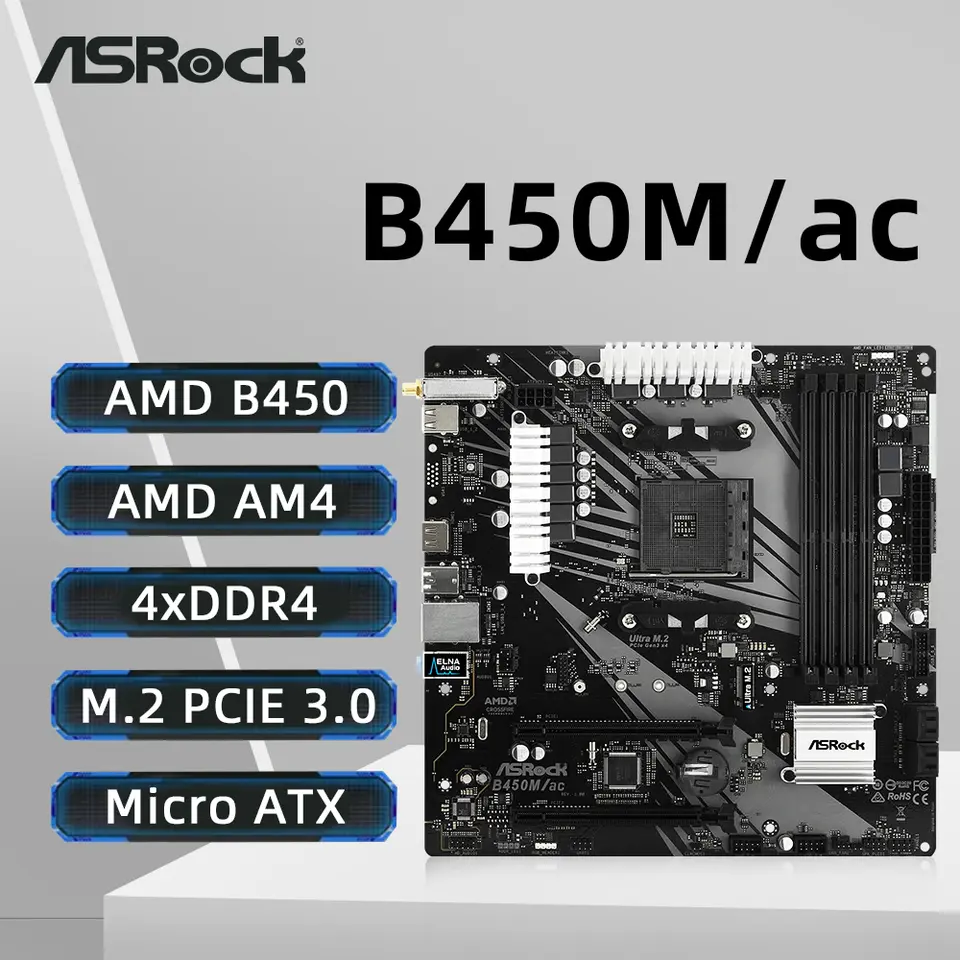Asrock B450M Motherboard, Dual-Channel Ddr4, Ryzen Compatibility, M.2 Nvme Support
