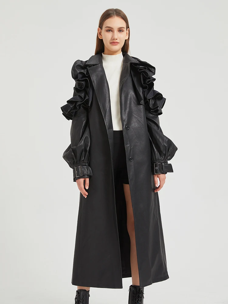 Lautaro Spring Autumn Long Ruffled Soft Pu Leather Trench Coat for ...