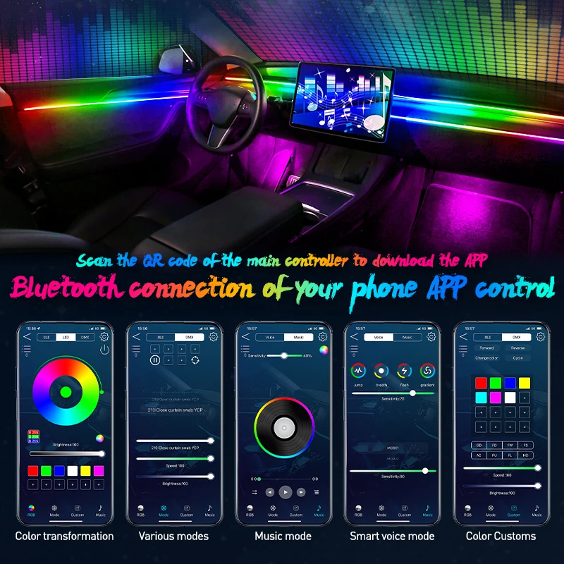 18 In 1 Full Color Streamer Car Ambient Lights RGB 64 Color Universal ...