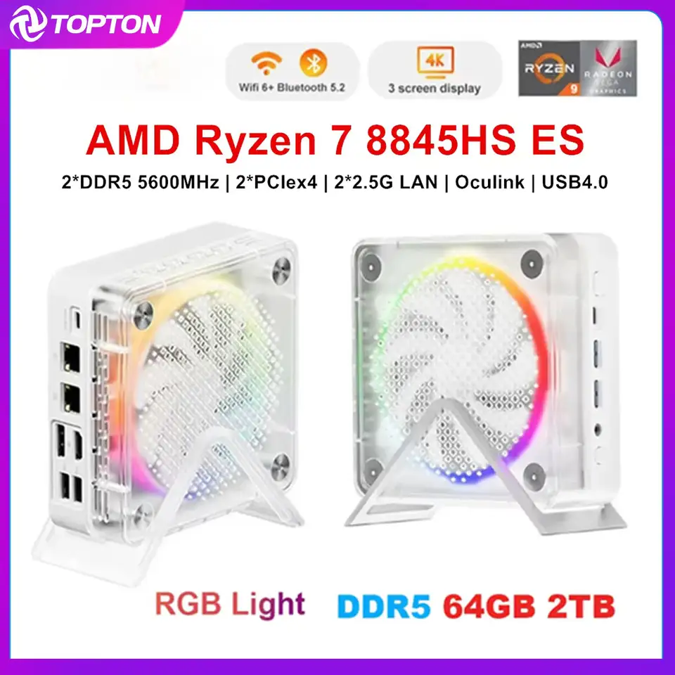 Topton Amd Ryzen 7 8845Hs Es Rgb Mini Pc, Wifi6, 2*Ddr5, 2*Pcie, Oculink.