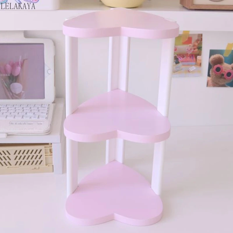 Pink heart-shaped three-layer wooden storage rack for dolls, cosmetics ...