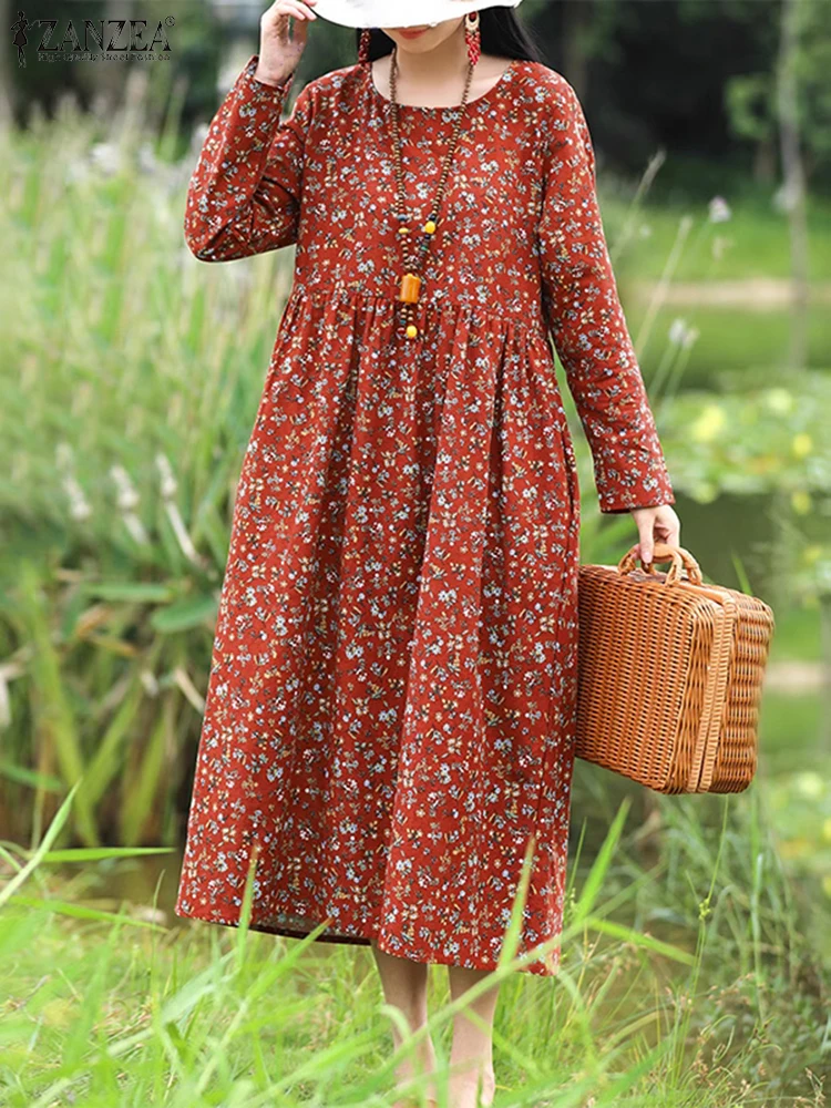 Fashion Autumn Floral Printed Dress ZANZEA Women Long Sleeve Cotton ...