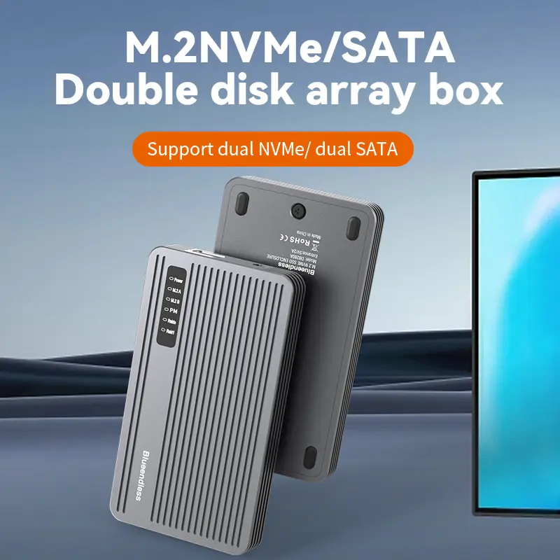 Blueendless 2 Bay M.2 Nvme Ssd Raid Enclosure, Aluminum Case, Supports 16Tb Raid0/1