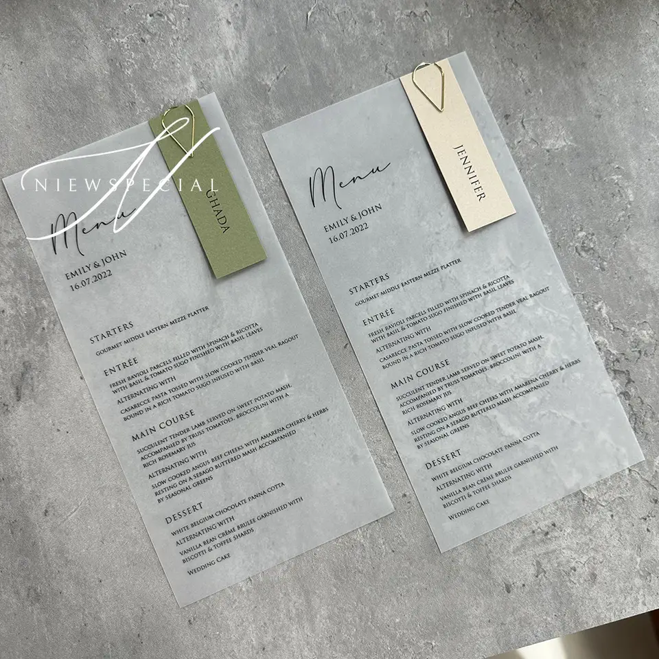 Wedding Menus Minimalist Custom Content Vellum Paper with Optional ...