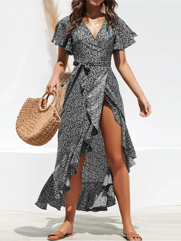 Summer Beach Maxi Dress Women Floral Print Boho Long Chiffon Dress ...