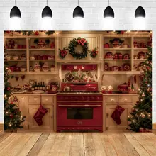 Christmas Modern Kitchen Photography Backdrop Retro Wood Wall Cook ...