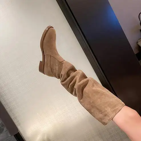 Spring Khaki Black Suede Knee-High Flat Boots For Women. Comfortable ...