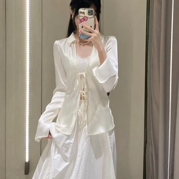 Rdani TRAF-camisa de satén de seda con adornos de lazo para mujer ...