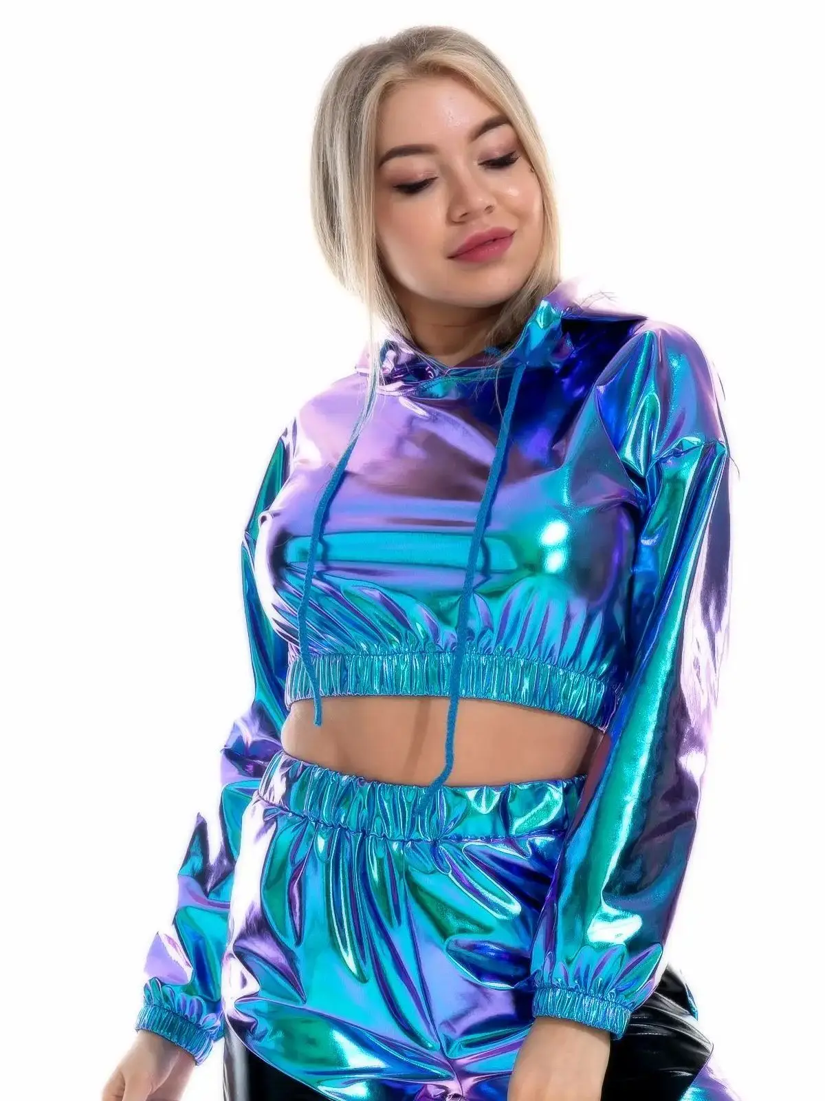 Sexy Cropped Holographic Hoodies Women Shiny PU Metallic Hoody Long ...