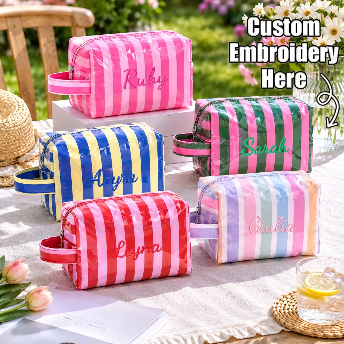 Personalized Striped Makeup Bag Custom Embroidery Name Cosmetic Bag ...