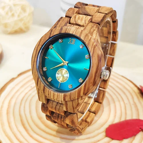 Reloj De Pulsera De Madera Para Mujer, Esfera De Diamante