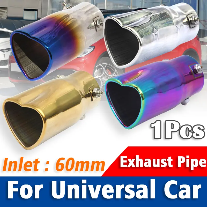 60Mm Heart Exhaust Muffler, Silver Gold, Universal Car Tailpipe Accessory