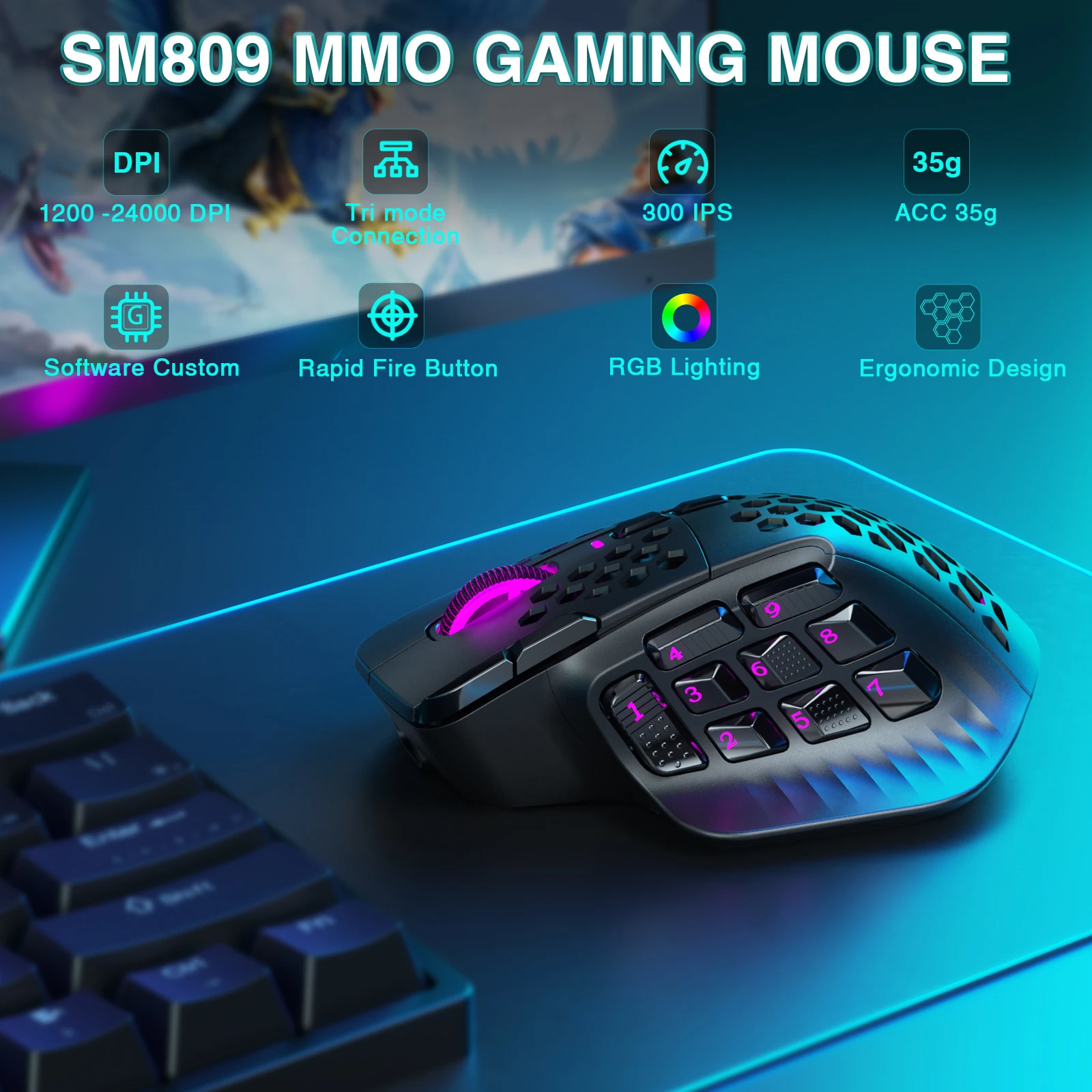 SOLAKAKA SM809 Pro Wireless MMO Gaming Mouse PAW3311 16 Side Buttons ...