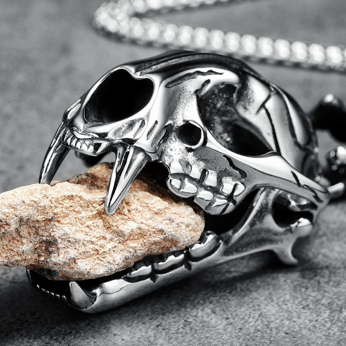 Wolf Teeth Men's Saber Tooth Tiger Skull Pendant Necklace, Gothic ...