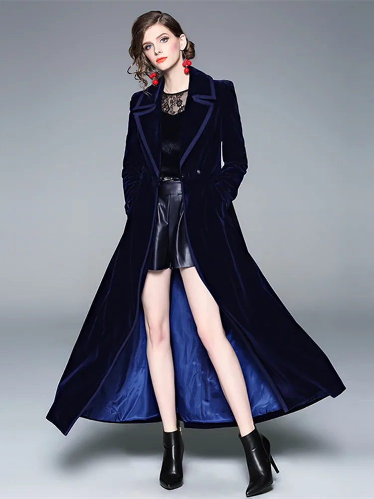 Winter Runway Designer Women Vintage Notched Collar Wrap Black Velvet ...