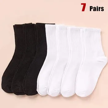 7 Pairs Mid Length Socks Women's Classic Black White Solid Color ...