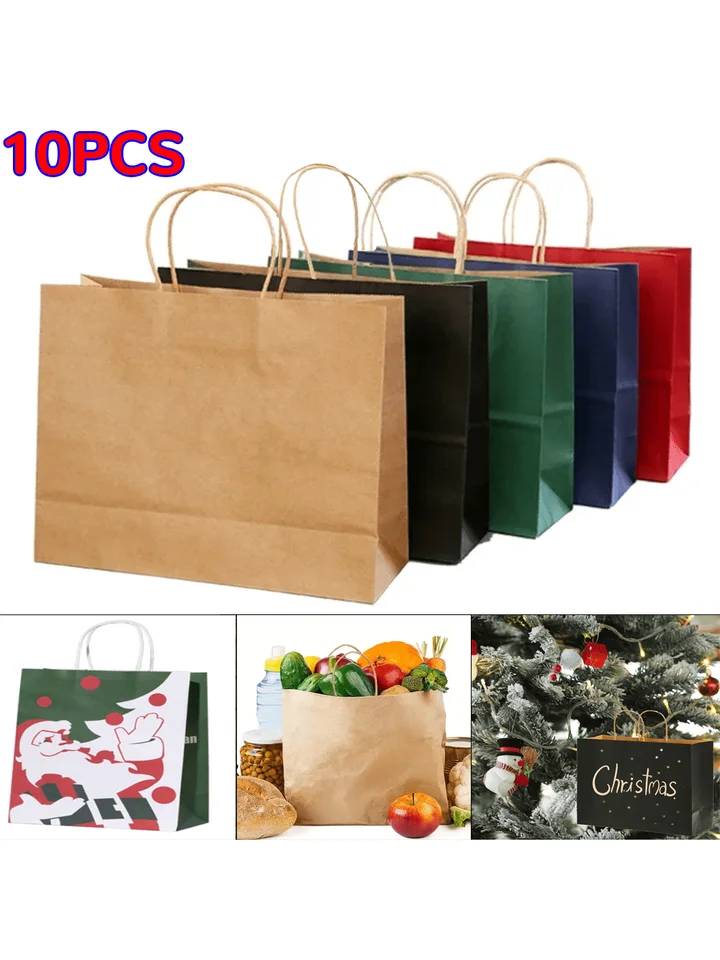 10 pieces of kraft paper bags with handles, holiday gift tote bags ...