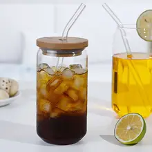 Transparent 470Ml/550Ml Glass Bubble Tea Cup With Bamboo Lid.