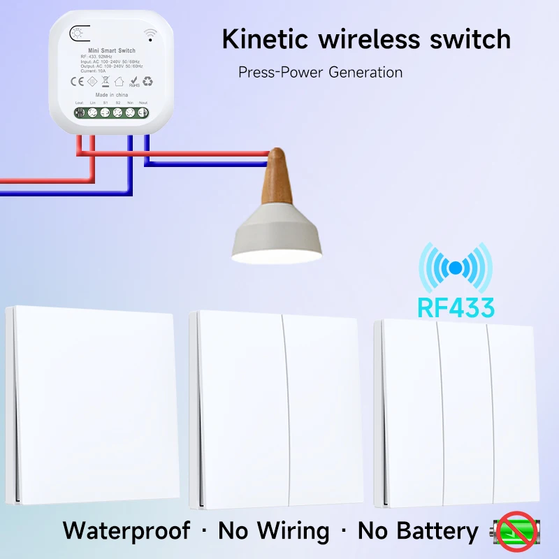 Self-Powered Wireless Light Switch RF433MHz No Battery Waterproof Wall ...