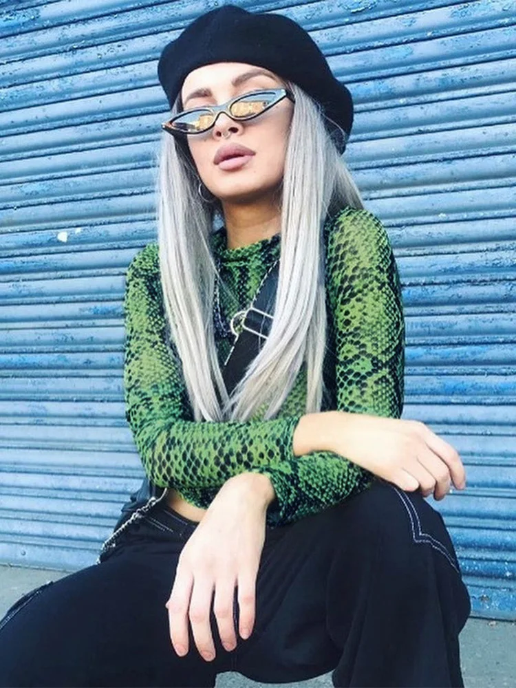 Casual Green Snake Print T Shirt Women Mesh Top Long Sleeve Transparent ...