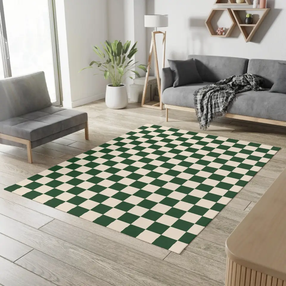 Emerald Green Checkered Rug For Living Room And Bedroom, Retro Boho Style.