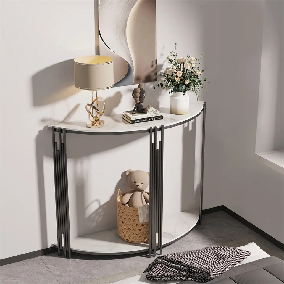 Elegant Half Moon Console Table With Storage & Sintered Stone Top | Luvodi