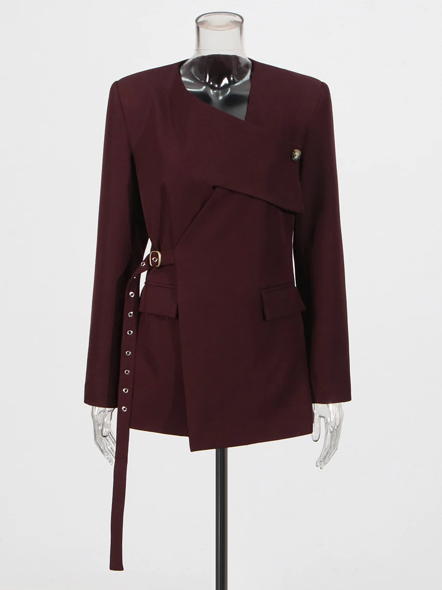 TWOTWINSTYLE Solid Asymmetrical Chic Blazers For Women V Neck Long ...