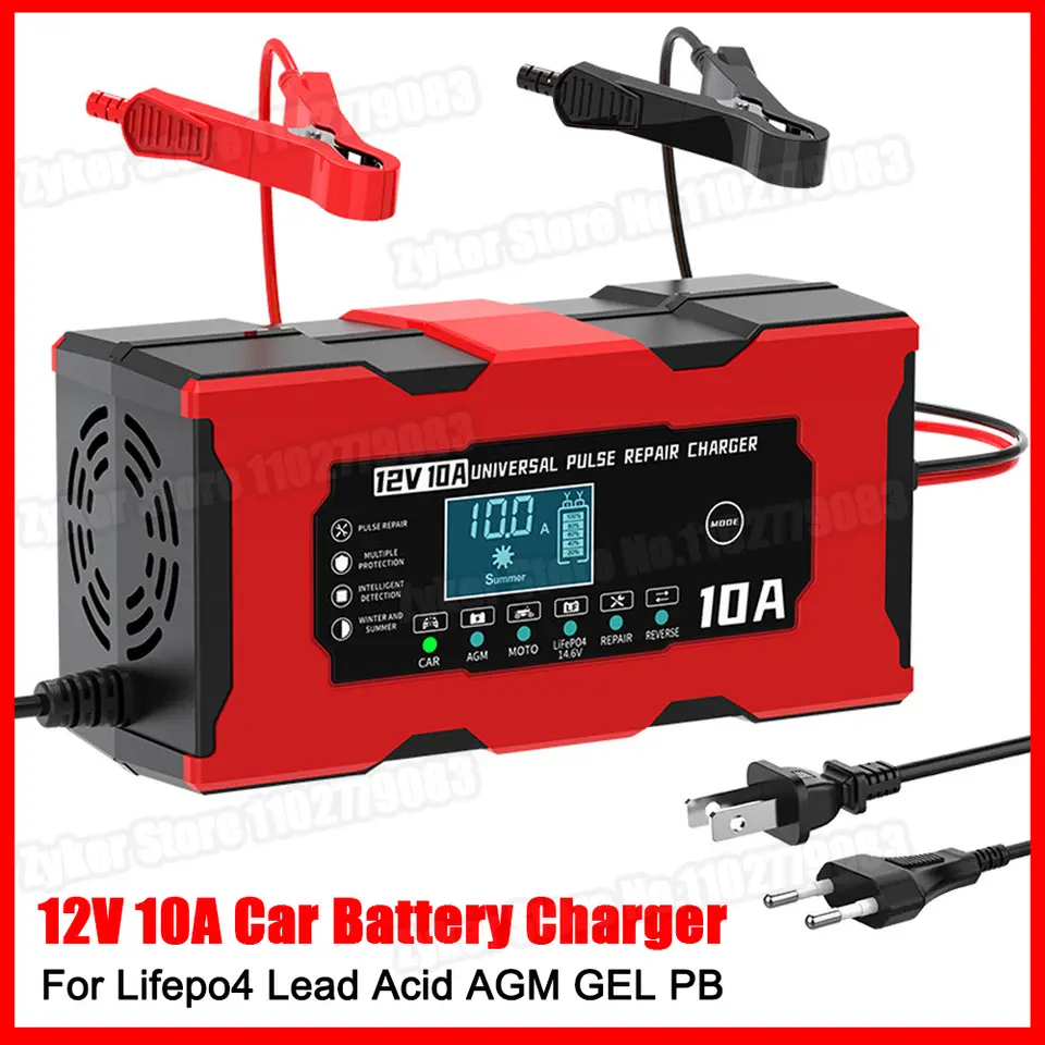 12V 10A Car Battery Charger For Lifepo4, Lead Acid, Agm, Lithium, Smart Motorcycle Repair