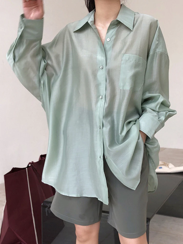 TWOTWINSTYLE Casual Shirt For Women Lapel Collar Long Sleeve Minimalist ...