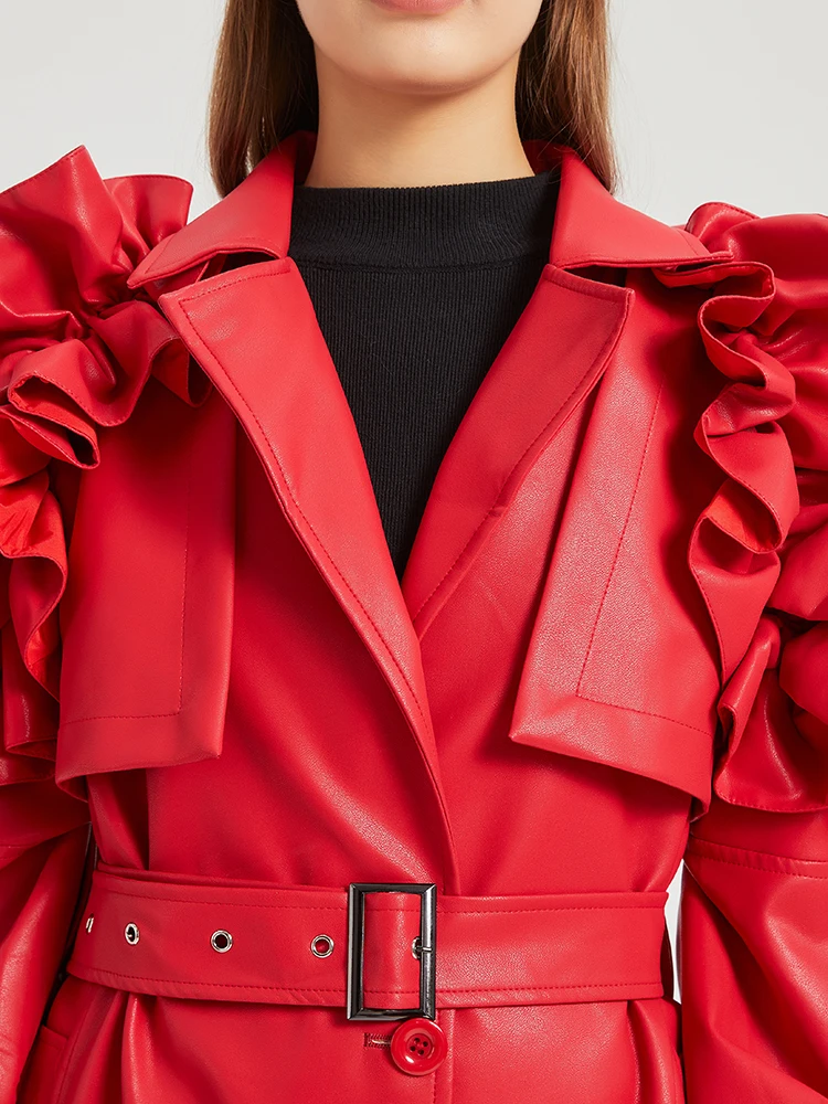 Lautaro Spring Autumn Long Ruffled Soft Pu Leather Trench Coat for ...